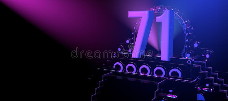 Solid Number 71 on a Reflective Black Stage Illuminated with Blue and ...