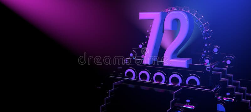 Solid Number 72 on a Reflective Black Stage Illuminated with Blue and ...