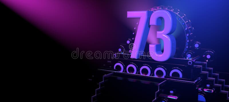Solid Number 73 on a Reflective Black Stage Illuminated with Blue and ...