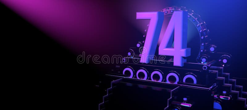 Solid Number 74 on a Reflective Black Stage Illuminated with Blue and ...