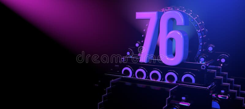 Solid Number 76 on a Reflective Black Stage Illuminated with Blue and ...