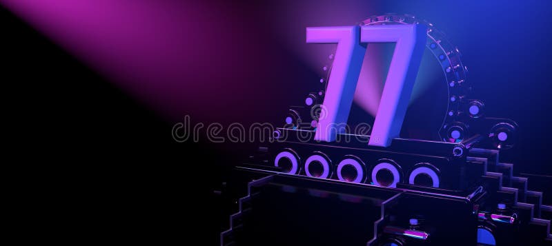Solid Number 77 on a Reflective Black Stage Illuminated with Blue and ...