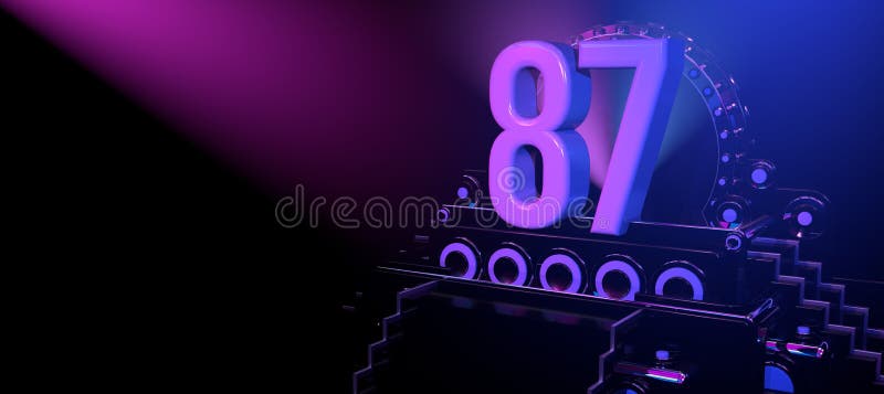 Solid Number 87 on a Reflective Black Stage Illuminated with Blue and ...