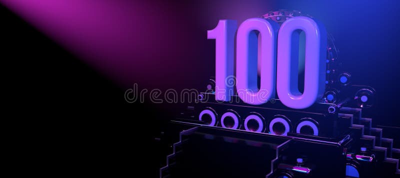 Solid Number 100 on a Reflective Black Stage Illuminated with Blue and ...