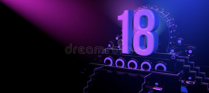 Solid Number 18 on a Reflective Black Stage Illuminated with Blue and ...