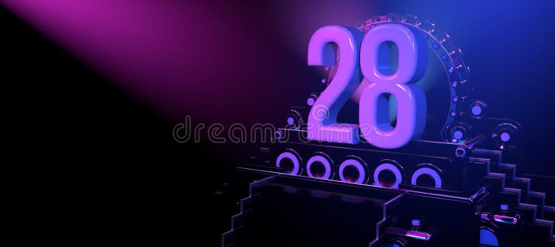 Solid Number 28 on a Reflective Black Stage Illuminated with Blue and ...