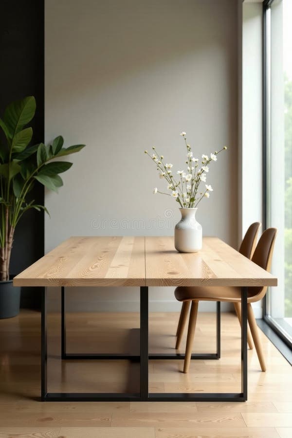 Solid Oak Tabletop, Minimal Base, Clean Lines , Bright, Eating Stock ...