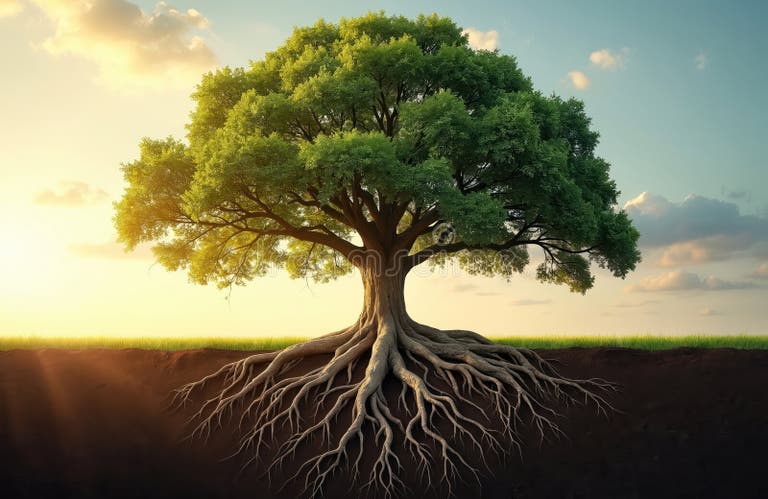 Solid Oak Tree with Deep Roots Spreading. Integrity Deep Foundation ...