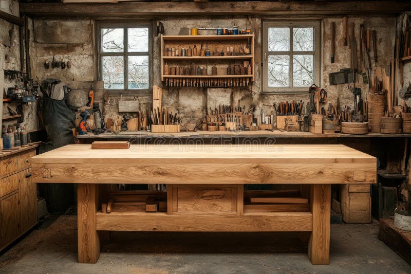 Solid Oak Workbench Taking Center Stage in a Vintage Carpentry Workshop ...