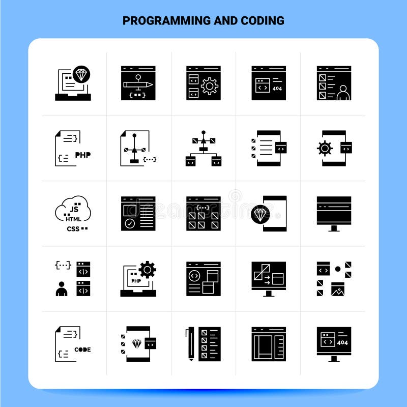 Solid 25 Programming And Coding Icon Set Vector Glyph Style Design Black Icons Set Stock Vector