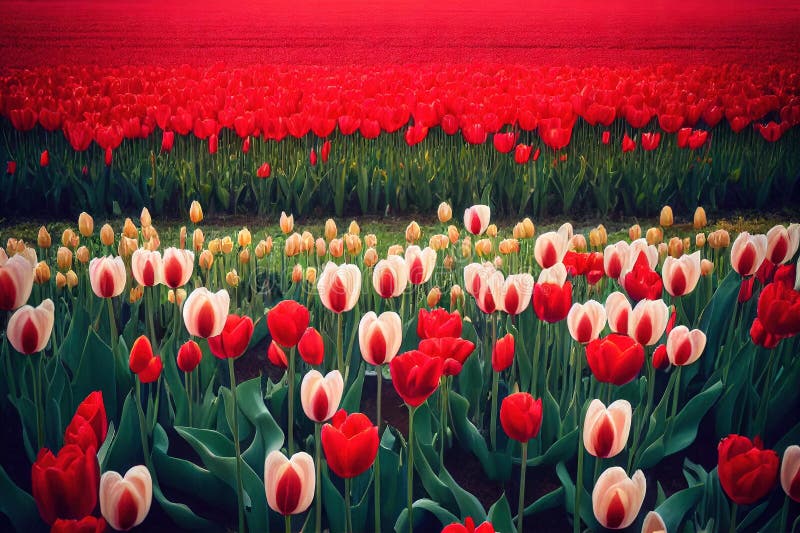Solid Red Meadow of Flowering Tulip Flower in Open Field. Stock ...
