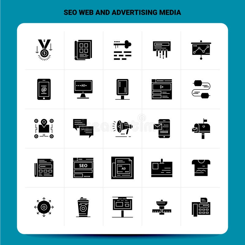 Solid 25 Seo Web And Advertising Media Icon Set Vector Glyph Style Design Black Icons Set Stock