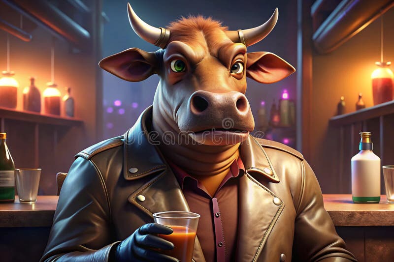 A Solid Serious Power Bull in Leather Jacket Drinks Tomato Juice in Bar ...