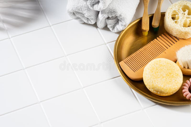 Solid Shampoo Bar and Bathroom Accessories Lying on a White Ceramic ...