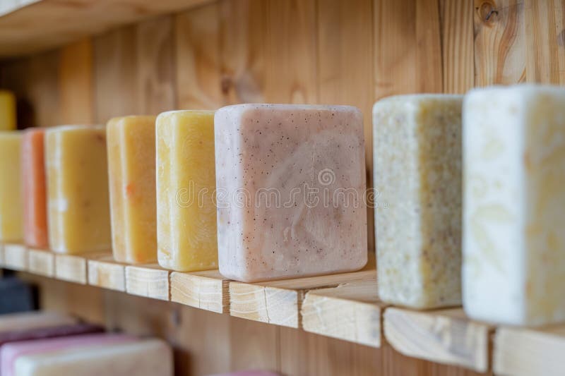 Solid Shampoo Bars Displayed in a Row on Wooden Shelf Stock Photo ...