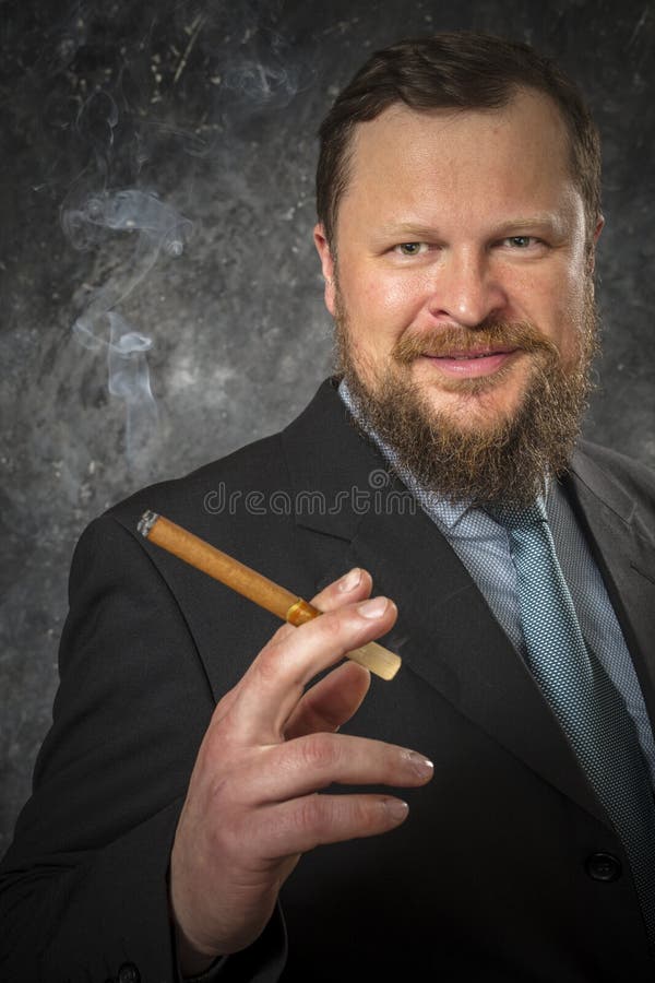 Solid Smoling Bearded Man in Suit with Cigar Stock Image - Image of ...