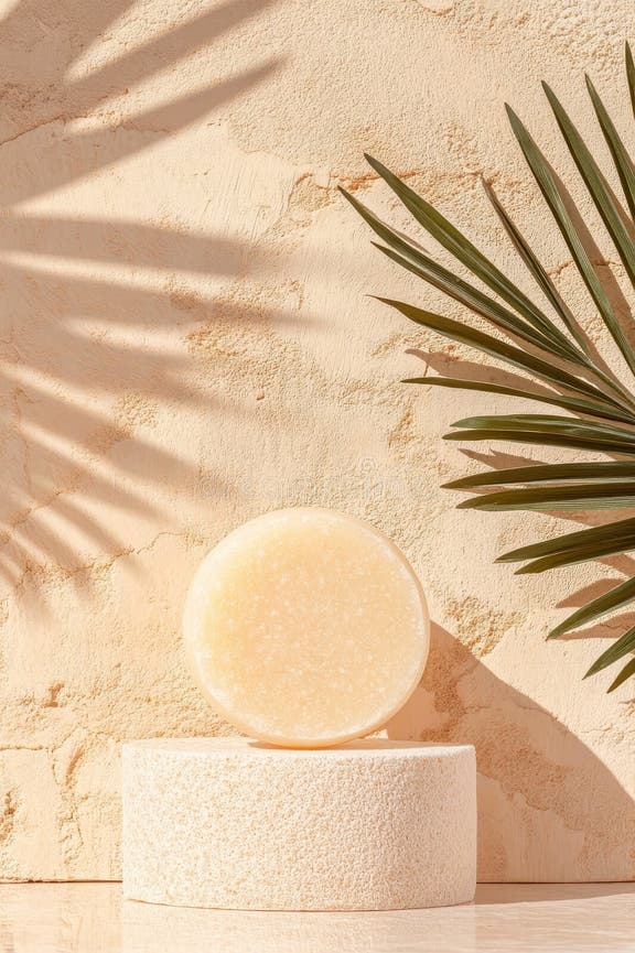 Solid Soap Bar Rests Atop Cylinder Stand. Palm Leaf Casts Shadow on ...