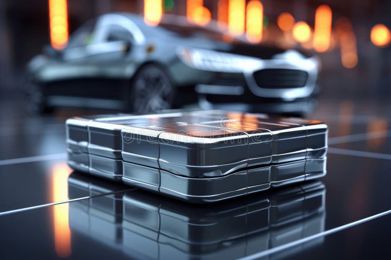 Solid-State Lithium Batteries and Electric Car in Background. AI ...
