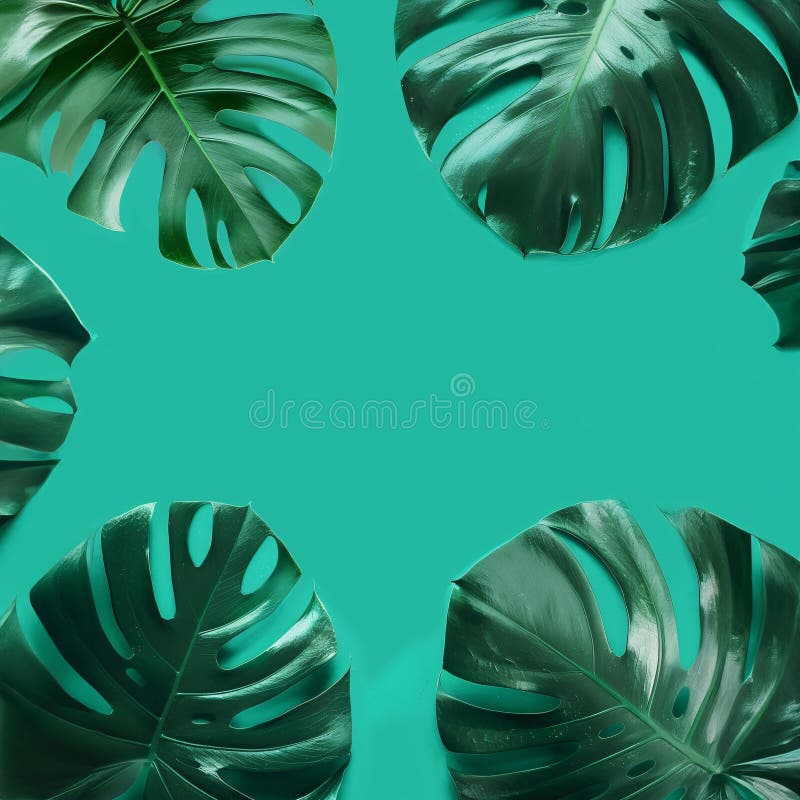 , a Solid Turquoise Single Colour Background - a Group of Green Leaves ...