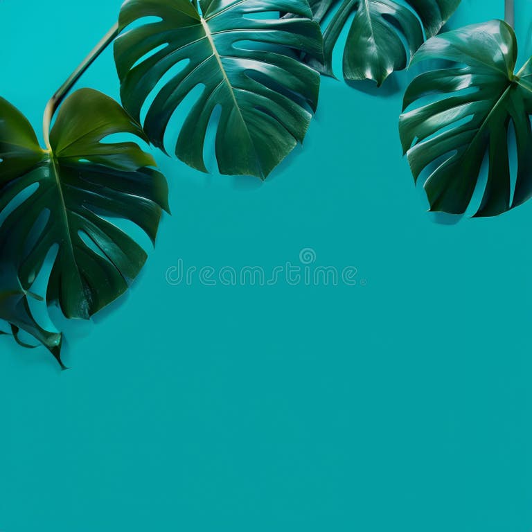 , a Solid Turquoise Single Colour Background - a Group of Green Leaves ...
