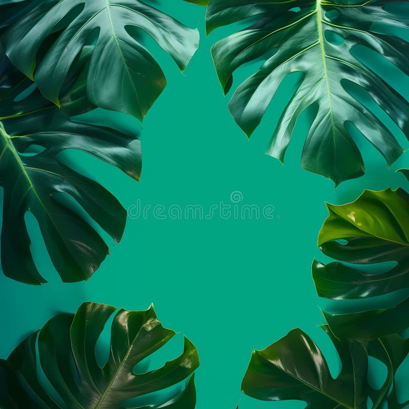 , a Solid Turquoise Single Colour Background - a Group of Leaves on a ...