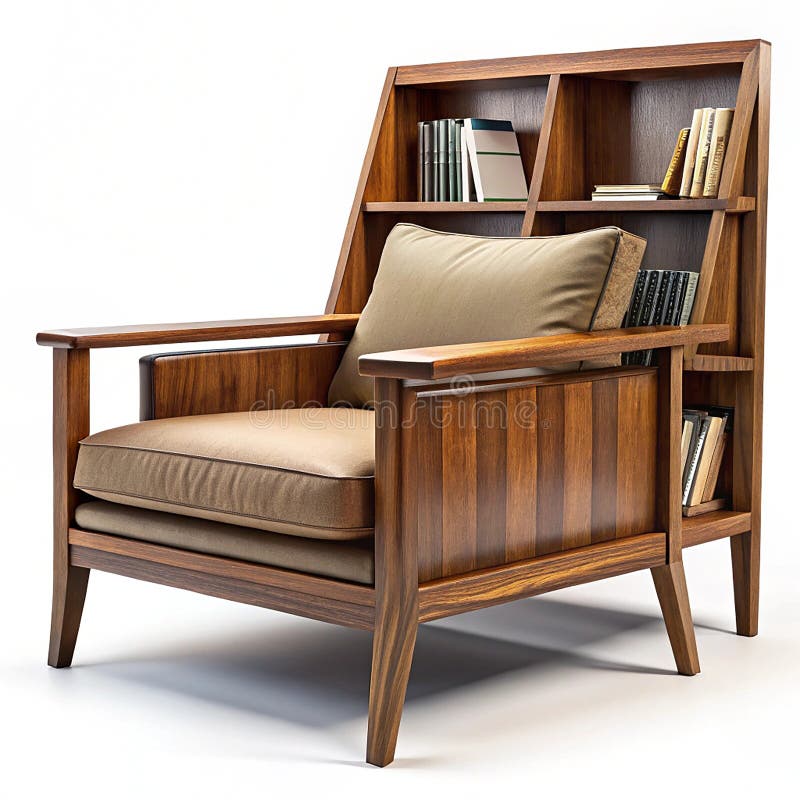 Solid Walnut Reading Chair with Built-in Bookshelf Stock Illustration ...