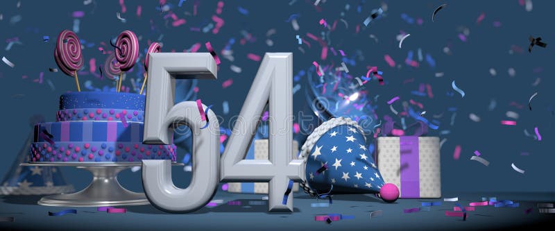 Solid White Number 54 in the Foreground, Birthday Cake Decorated with ...