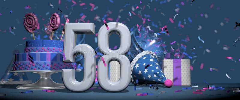 Solid White Number 58 in the Foreground, Birthday Cake Decorated with ...