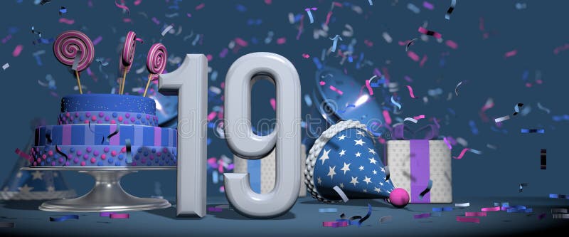 Solid White Number 19 in the Foreground, Birthday Cake Decorated with ...