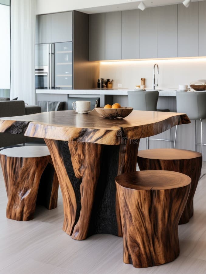 Solid Wood Dining Table and Stump Stool Near it. Interior Design of ...