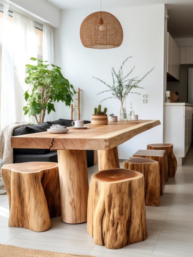 Solid Wood Dining Table and Stump Stool Near it. Interior Design of ...