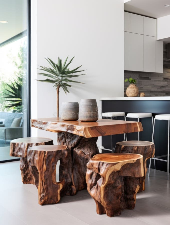 Solid Wood Dining Table and Stump Stool Near it. Interior Design of ...