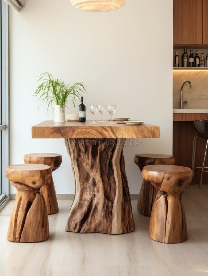 Solid Wood Dining Table and Stump Stool Near it. Interior Design of ...