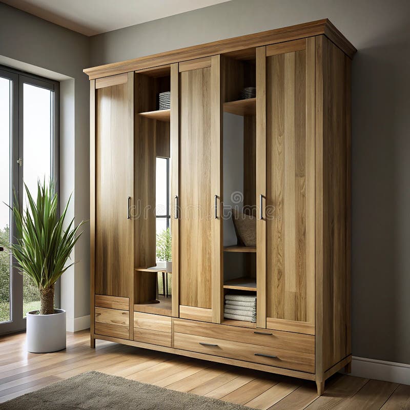 Solid Wood Wardrobe with Mirrored Doors and Hidden Compartments Stock Illustration ...