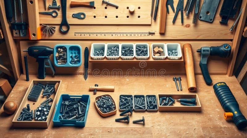 Wooden Workbench with Extensive Tools and Equipment for Carpentry Stock ...