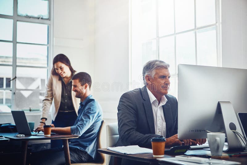 Solid Work from a Solid Team. Mature Businessman Using a Computer at ...