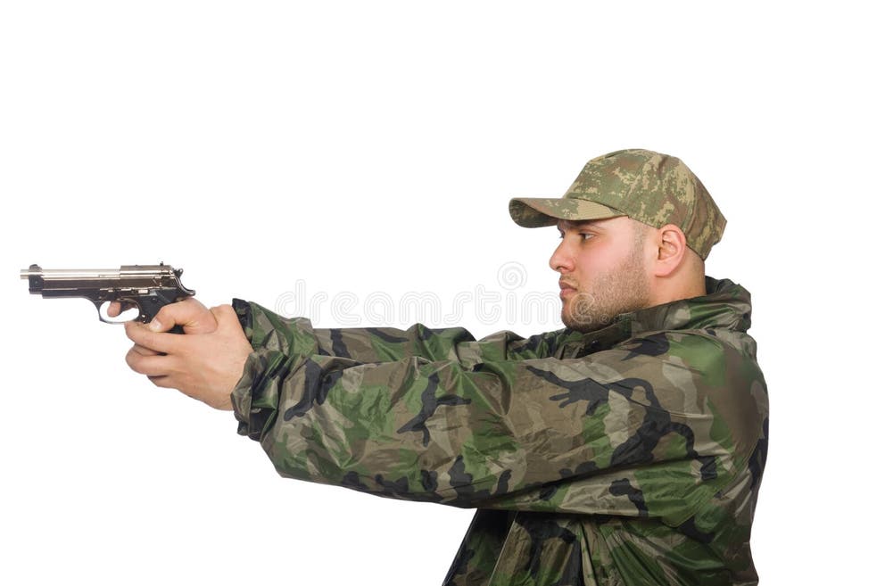 Solider Holding Gun Isolated on White Stock Image - Image of overalls ...