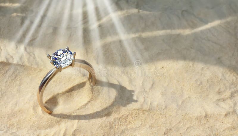 Solitaire Diamond Ring Placed on Sandy Shore in Sunlight. a Close-up of ...