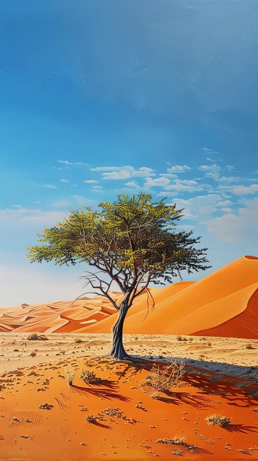 Solitary Acacia Tree in Desert with Orange Sand Dunes and Blue Sky ...