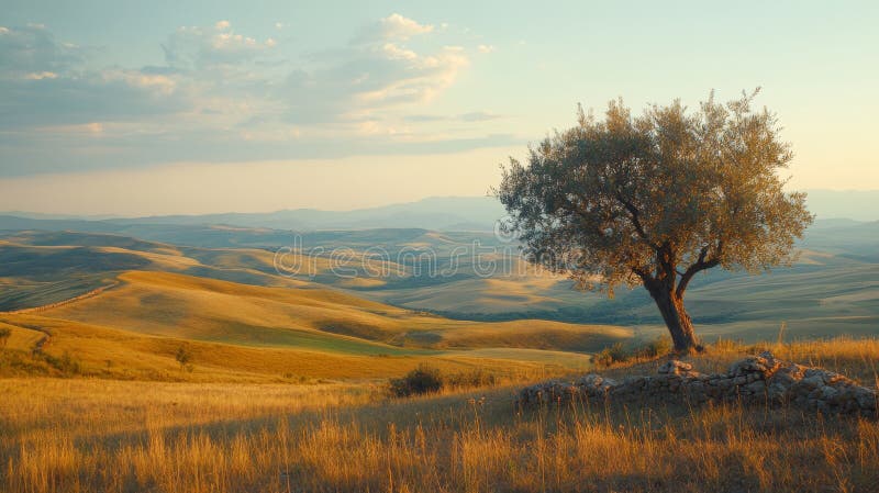 Solitary Ancient Olive Tree Stands Proudly on a Hill Under Soft ...