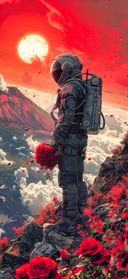 A Solitary Astronaut Stands among Red Roses on a Distant Planet Stock ...