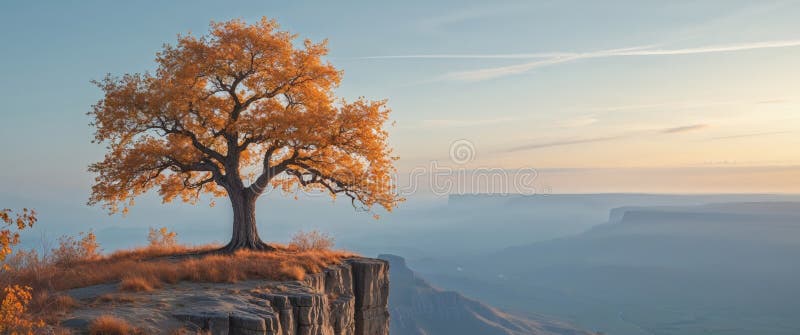 Solitary Autumn Tree on Clifftop Overlooking Valley. Stock Photo ...