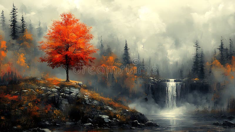 Solitary Autumn Tree, Misty Waterfall, Forest Landscape, Postcard Stock ...