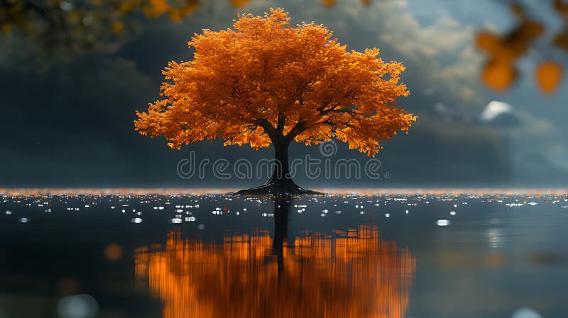 Solitary Autumn Tree Reflected in Calm Water Stock Illustration ...