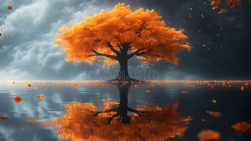 Solitary Autumn Tree Reflected in Still Water, Dramatic Sky Stock ...