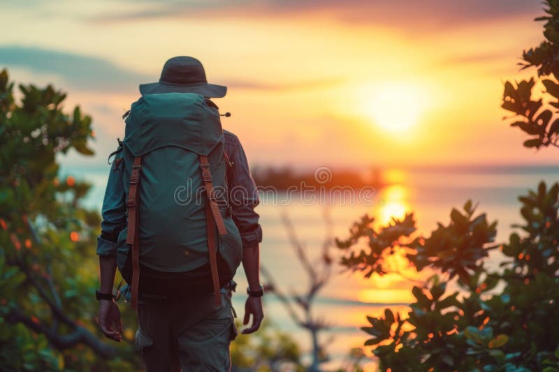 Solitary Backpacker Enjoying Sunset View by the Sea. Stock Photo ...