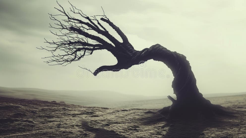 Solitary Bare Tree Bent by the Wind in a Desolate Landscape Stock Image ...