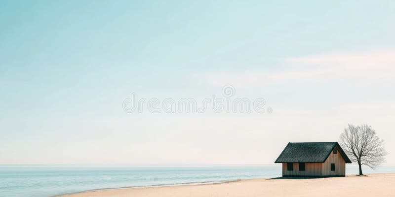 Solitary Beach Hut by Tranquil Sea with Clear Sky and Bare Tree Stock ...