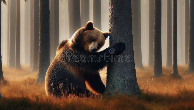 A Solitary Bear Rubbing Its Back Against a Tree Seemingly in Sat Stock ...