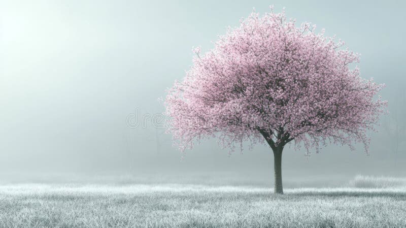 A Solitary Blossoming Tree Stands in a Misty Field Stock Illustration ...